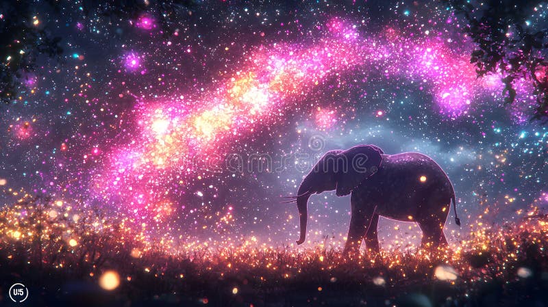 Magical Elephant Silhouette in a Sparkling Glowing Night Galaxy ...
