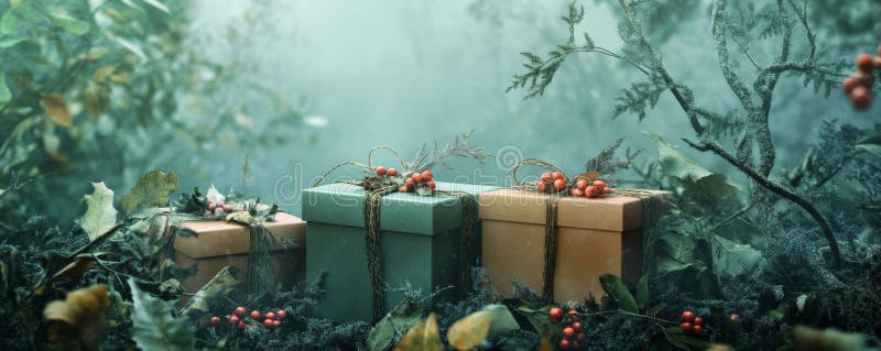 A Magical, Enchanted Forest Background with Gift Boxes Wrapped in ...