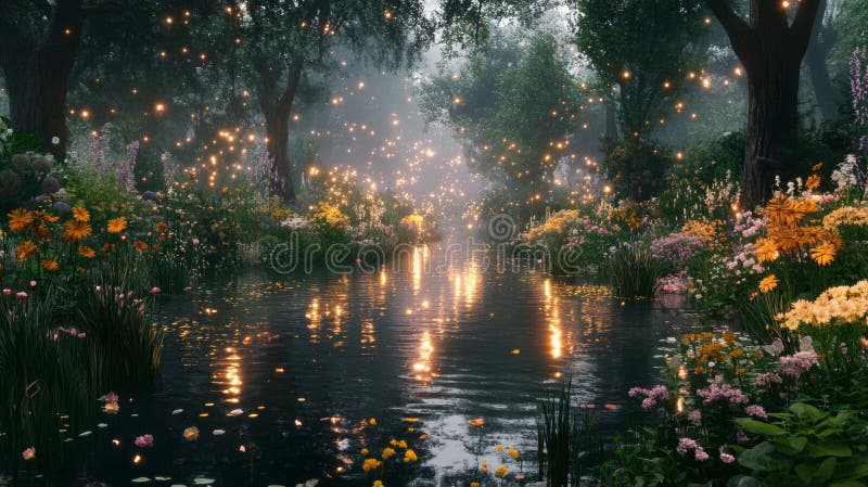 Magical Enchanted Forest River with Glowing Lights Stock Illustration ...