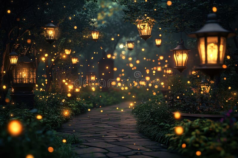 Magical Evening Path Illuminated by Lanterns and Fireflies in a Serene ...