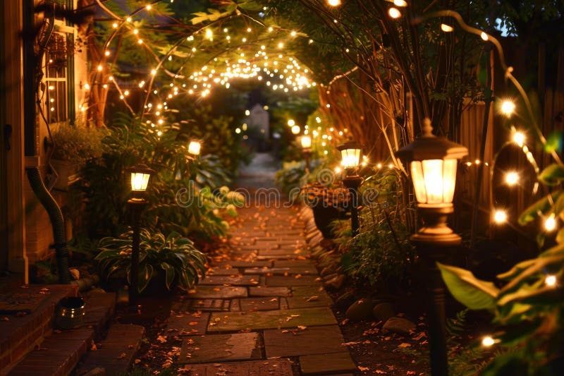 Enchanted Garden Pathway at Twilight Stock Photo - Image of setting ...