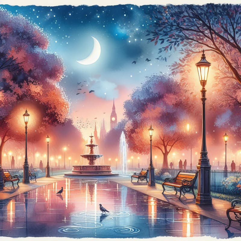 A Magical Evening Scene in a Park with Glowing Lamps and a Crescent ...