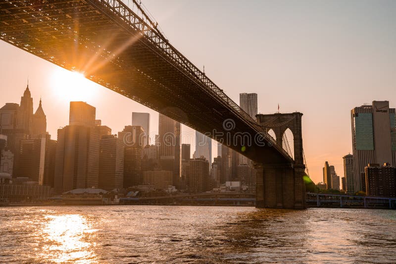 Magical Evening Sunset Close Up View of the Brooklyn Bridge from the ...