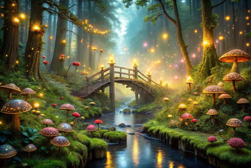 Magical Fairy Bridge Over Stream in Enchanted Forest Stock Illustration ...