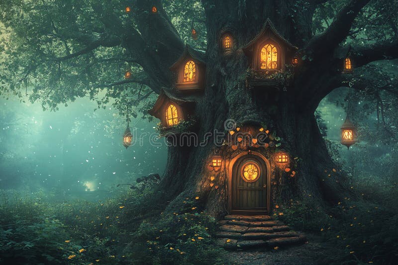 Magical Forest Featuring an Enchanting Tree with a Door and Lanterns ...