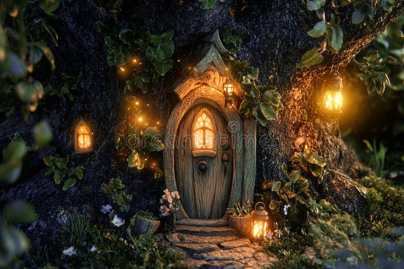 Magical Forest Featuring an Enchanting Tree with a Door and Lanterns ...