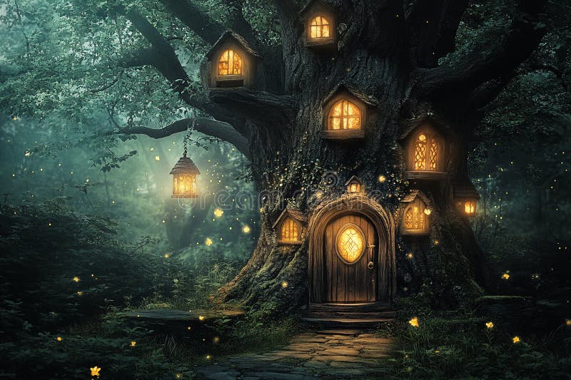 Magical Forest Featuring an Enchanting Tree with a Door and Lanterns ...
