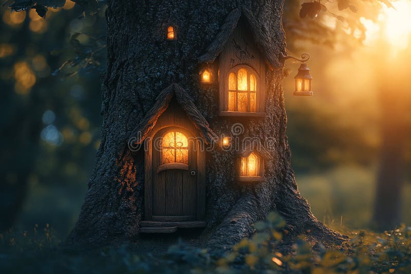 Magical Forest Featuring an Enchanting Tree with a Door and Lanterns ...