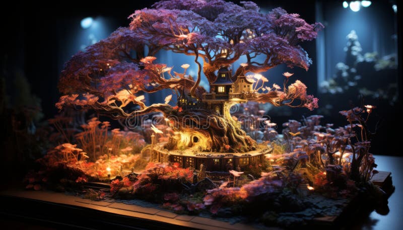 A Magical Fairy House in Glowing Big Magical Tree Stock Illustration ...