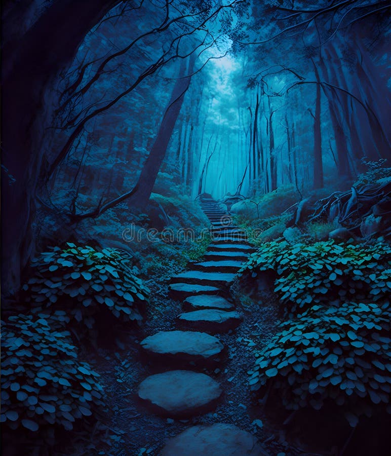 Magical Fairy-tale Dark Forest with a Path and Trees of Unusual Shape ...