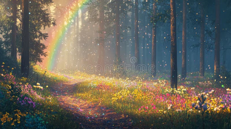 A Magical Fairy Tale Forest with a Rainbow Full of Colors Stock ...
