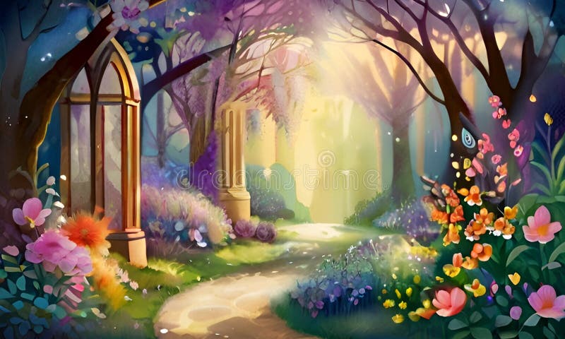 A magical fairytale garden stock illustration. Illustration of cartoon ...