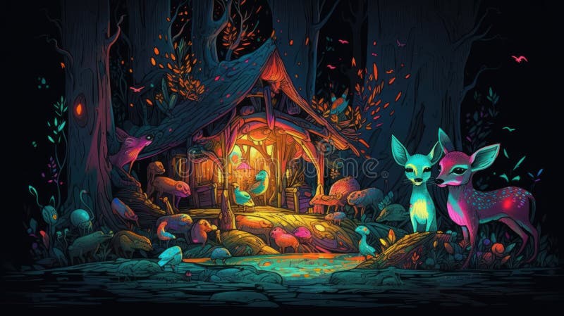 Magical Fantasy Animals Forest Art Stock Illustration - Illustration of ...