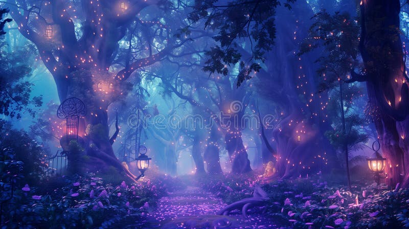 Magical Fantasy Fairy Tale Scenery Night in a Forest Stock Illustration ...