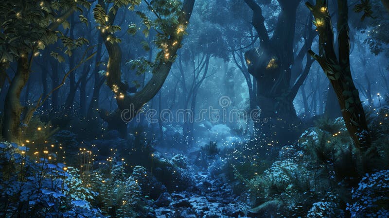 Magical Fantasy Fairy Tale Scenery Night in a Forest Stock Illustration ...