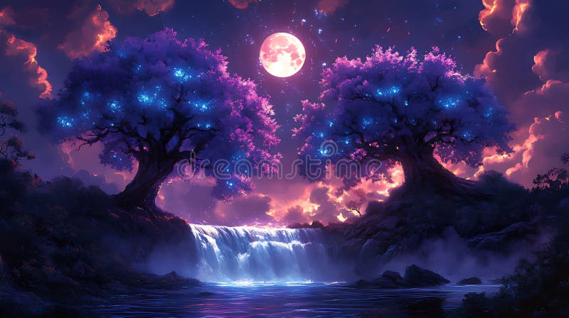 Magical Fantasy Landscape with Glowing Trees, Waterfall, and Full Moon ...