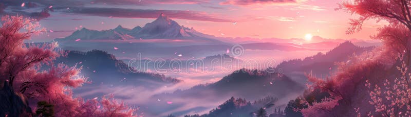 A Magical Fantasy Landscape with Pink Clouds and Mountains at Sunset ...