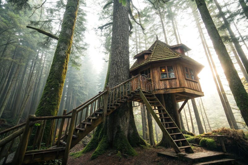 Fantasy Tree House in Forest Stock Illustration - Illustration of ...