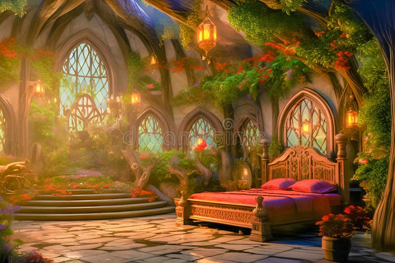 Magical Fantasy World with Elven Room Stock Illustration - Illustration ...