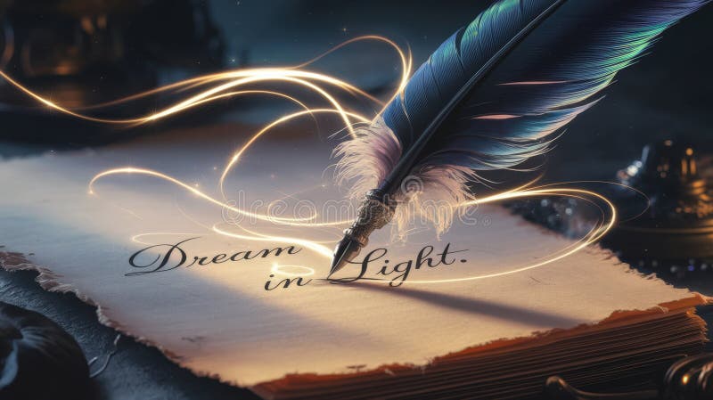 Magical Feather Quill Writing Dream in Light on Parchment Paper with ...