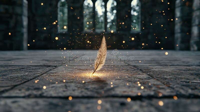 Magical Feather with Sparks in Dark Forest Stock Illustration ...