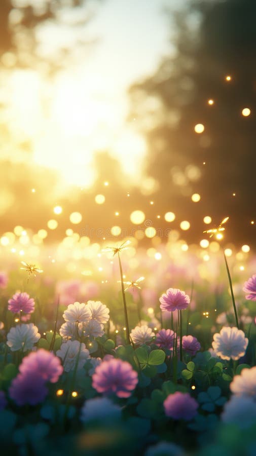 Magical Field of Clover and Flowers Illuminated by Glowing Fireflies ...