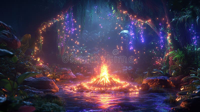 Magical Fire in Enchanted Forest at Night Stock Image - Image of cool ...