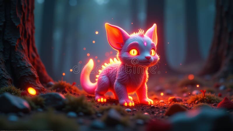Magical Fire Kitten in Enchanted Forest Stock Illustration ...