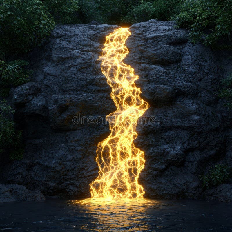 Magical Fire Waterfall in Forest Stock Illustration - Illustration of ...
