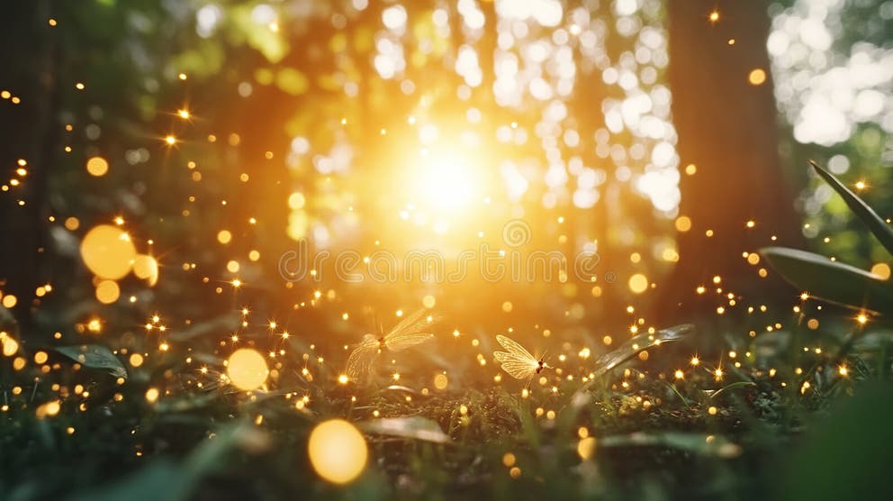 Magical Fireflies Glowing at Sunset in Forest Stock Image - Image of ...