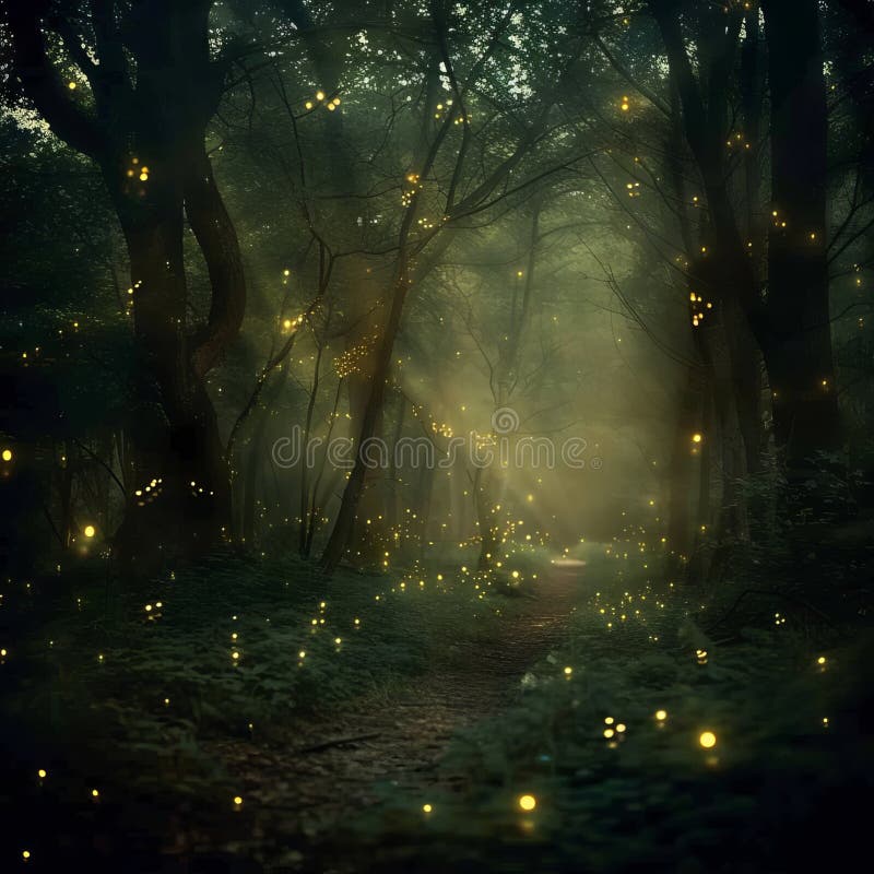 Magical Fireflies Illuminating a Dark Enchanted Forest Stock ...