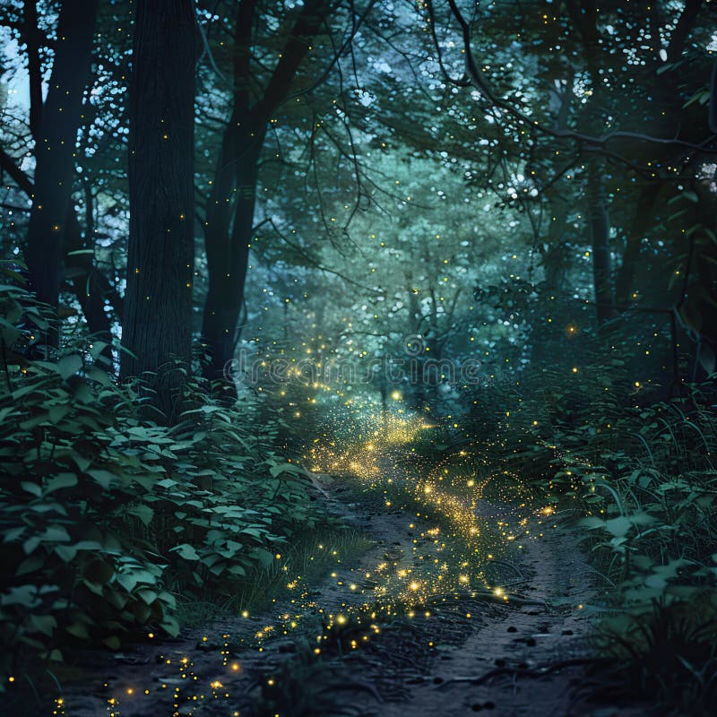 Magical Firefly Path in a Dark Forest Stock Photo - Image of mystical ...