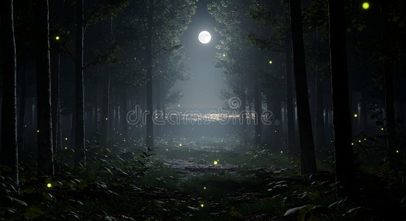 Magical Firefly Trail in Moonlight Forest at Night Stock Photo - Image ...
