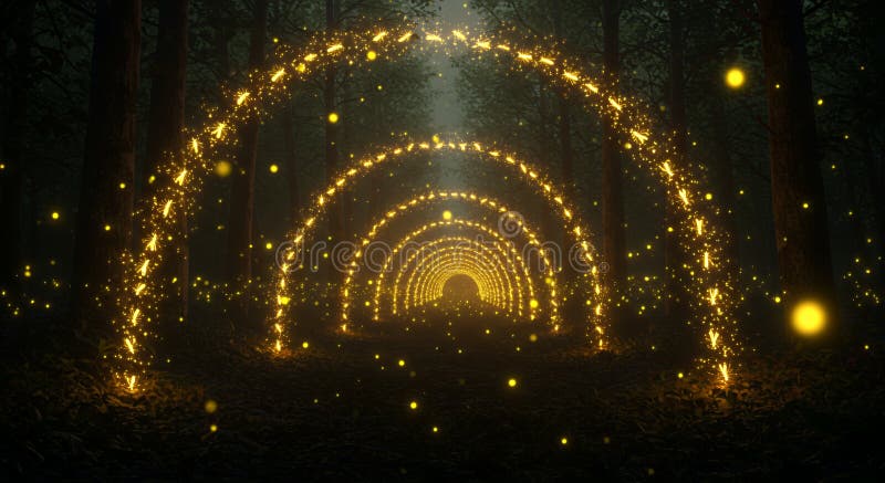Magical Firefly Tunnel in Dark Forest Stock Illustration - Illustration ...