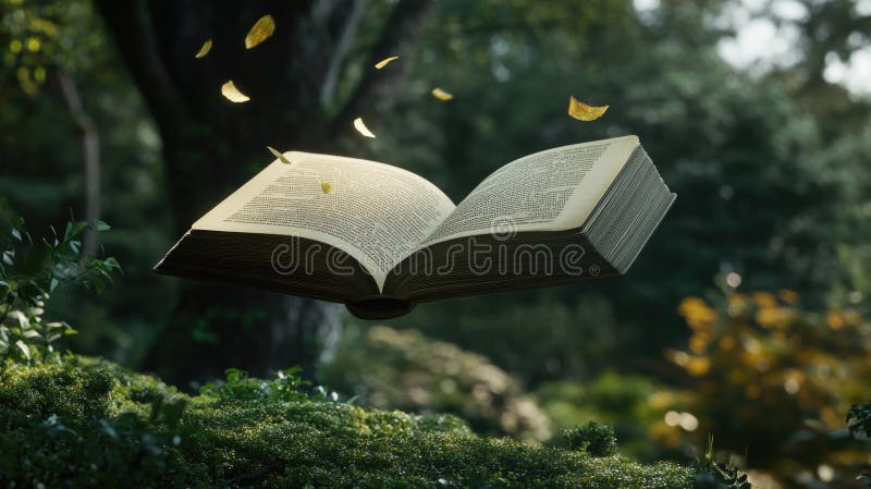 Magical Floating Book Amidst Enchanted Forest with Sunlight and Falling ...