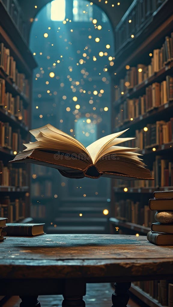Magical Floating Book in Enchanted Library with Mysterious Atmosphere ...