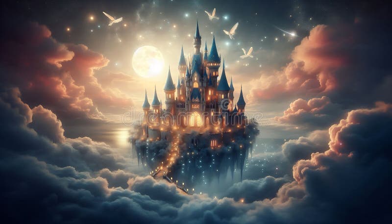Magical Floating Castle Surrounded by Glowing Clouds and Soft Moonlight ...