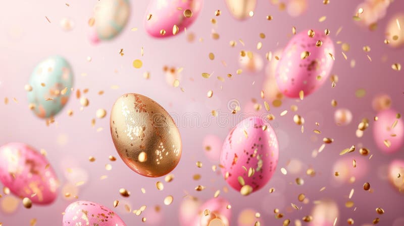 Magical Floating Easter Eggs with Golden Glitter and Confetti. Stock Image - Image of gold ...