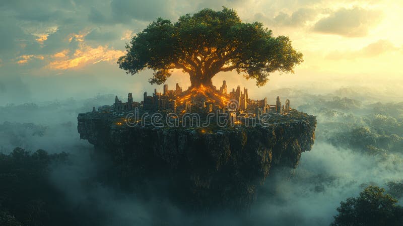 Magical Floating Island with Ancient Ruins and Glowing Tree Stock Photo ...