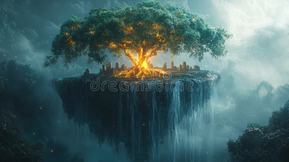 Magical Floating Island with Ancient Ruins and Glowing Tree Stock Photo ...