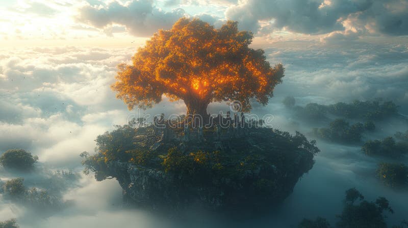 Magical Floating Island with Ancient Tree and Ruins, Surrounded by ...
