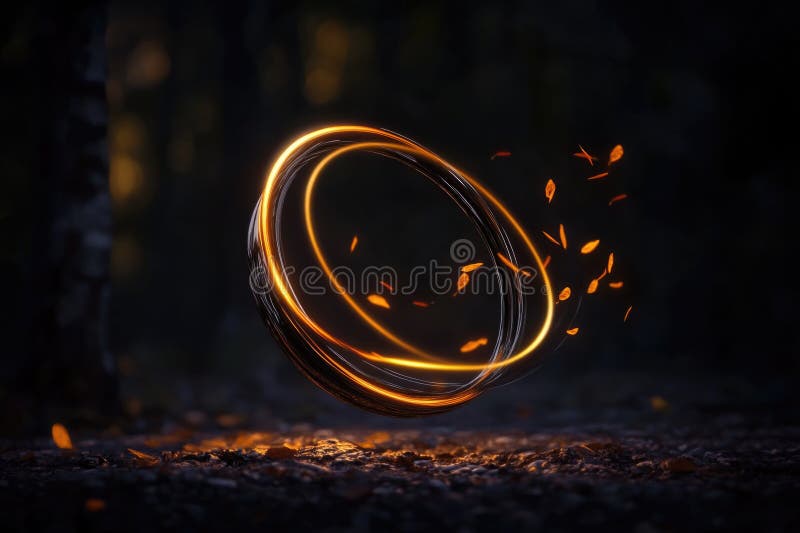Magical Floating Ring of Light with Falling Autumn Leaves in Dark ...