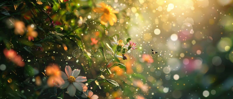 Magical Flower Background with Bokeh, Dust Effect, and Butterfly Stock ...