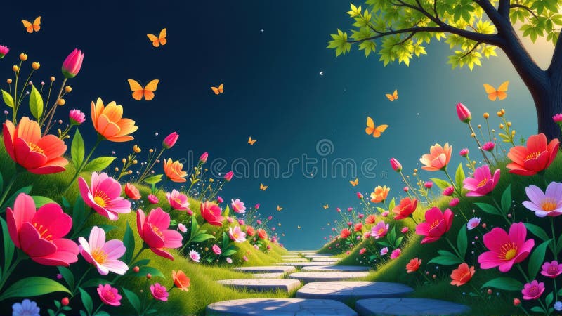 Magical Flower Path with Butterflies Stock Illustration - Illustration ...