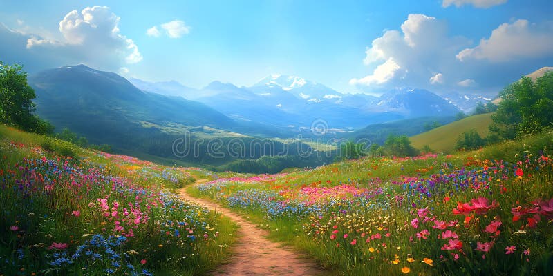 Magical Flower Path Mountain Meadow Wallpaper Stock Illustration ...