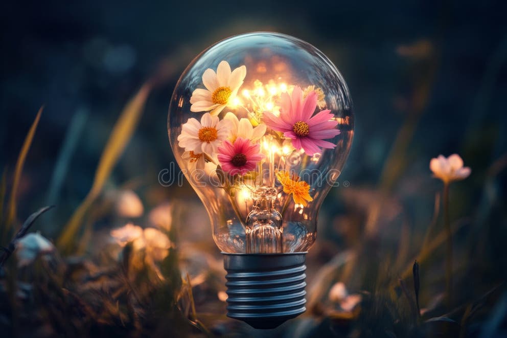 Magical Flowers in a Glowing Lightbulb Stock Illustration ...