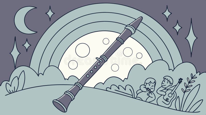 Magical Flute by Rainbow and Moon in Whimsical Landscape, Vector Design ...