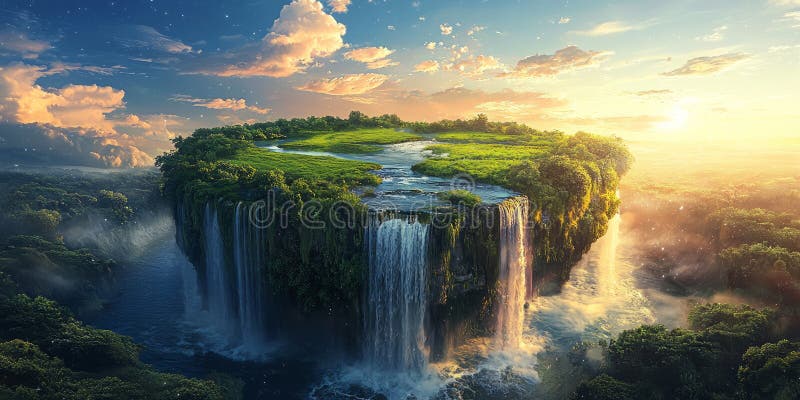 Magical Flying Island with Lush Green Fields and Sparkling Rivers Stock ...