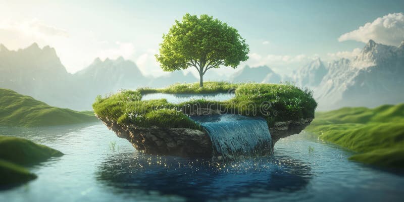 Magical Flying Island with Lush Green Fields and Sparkling Rivers Stock ...