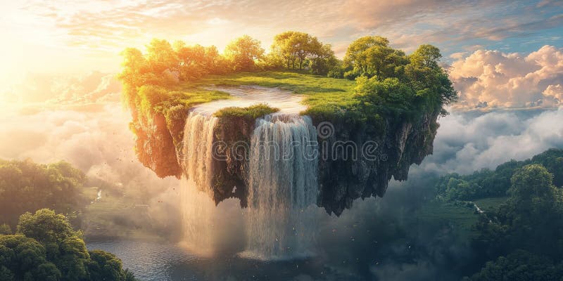 Magical Flying Island with Lush Green Fields and Sparkling Rivers Stock ...